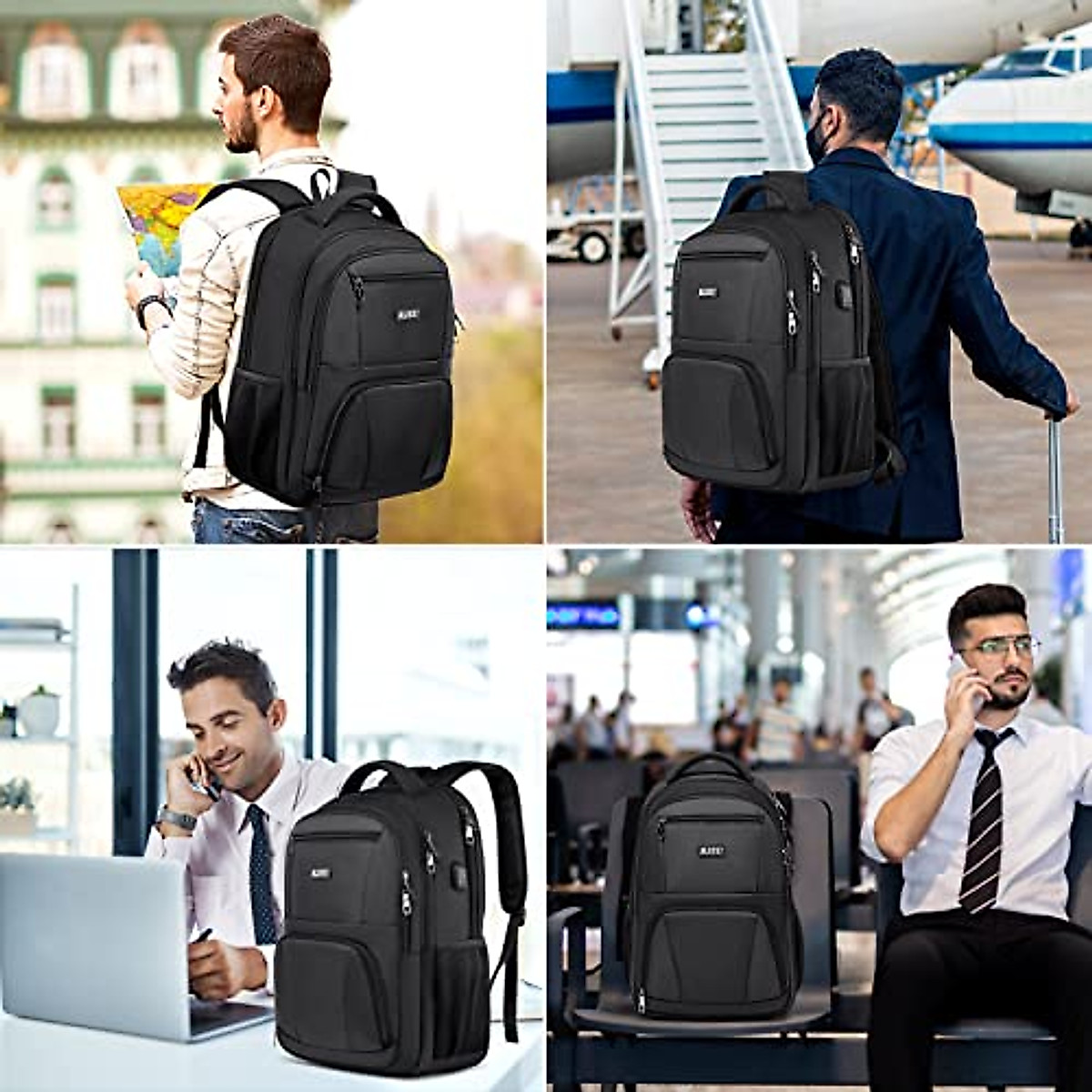 RJEU Laptop Backpack for Men, School Backpack for Teens, College Students, with 15.6 inch Laptop Sleeve, Large Travel Computer Rucksack with 3 Compartments, Ergonomic Straps - Bookbag Black