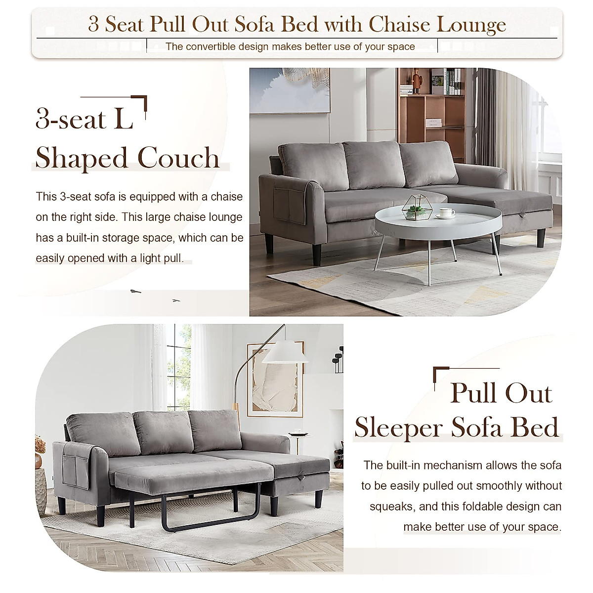 Modern Velvet Pull Out Sleeper Sofa Bed with Chaise, Comfy L Shaped Convertible Couch with Storage and Pocket, Sectional 3 Seat Couch for Living Room Furniture or Office, Smooth Back - Light Gray