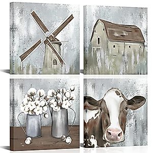 OuElegent 4 Piece Farmhouse Canvas Wall Art Rustic Cow Dutch Windmill Cotton Flower Picture Artwork Modern Countryside Printed Painting for Living Room Kitchen Decor Framed Ready to Hang 12x12 Inch