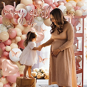132pcs Rose Gold Baby Shower Decorations with Girl Baby Boxes, Boho Blush Pink Tan Butterfly Balloon Arch Kit Baby Box with Letters for Women Birthday Bridal Wedding Tea Party Valentine’s Day