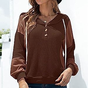 Women's Fashion Sweatshirt Classic Solid Color Long Sleeve V Neck Button Down Drawstring Pocket Workout Hoodies Blouse Coffee