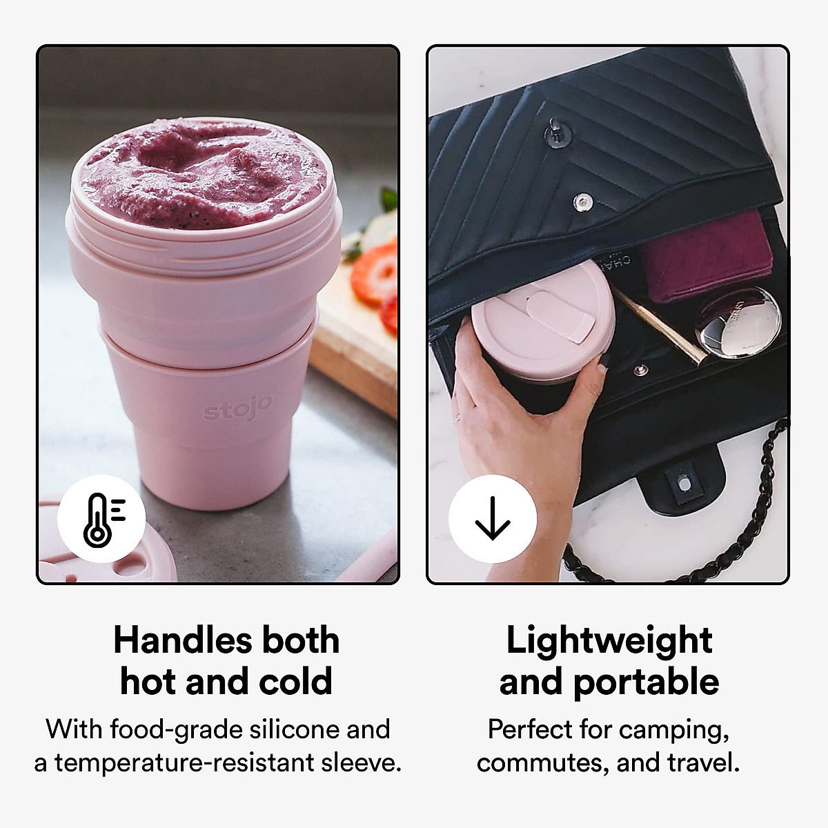 Stojo Collapsible Travel Cup With Straw - Carnation Pink, 16oz / 470ml - Reusable To-Go Pocket Size Silicone Bottle for Hot and Cold Drinks - Perfect for Camping & Hiking - Microwave & Dishwasher Safe