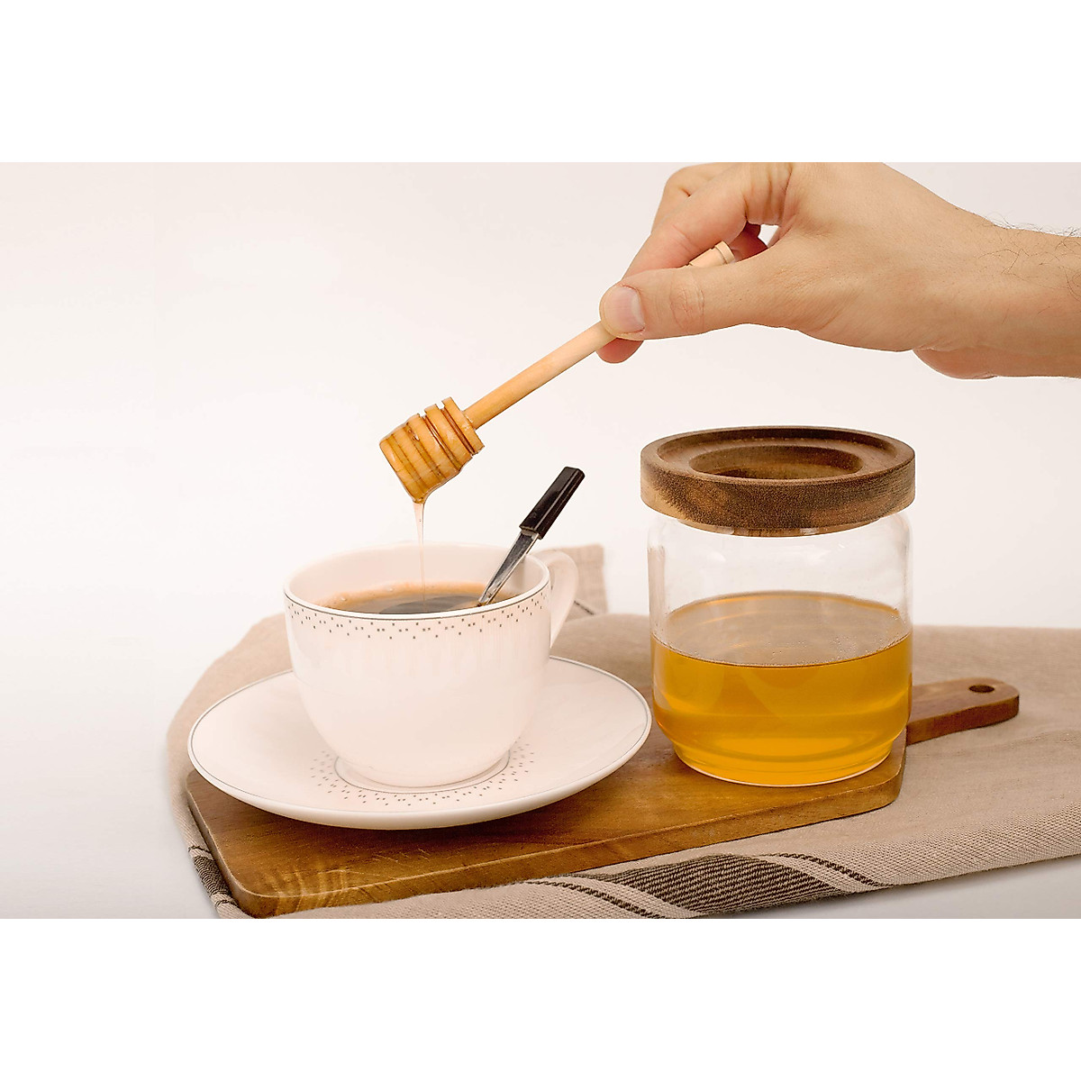 Honey Jar Pot Glass Holder Dispenser Set with Wooden Dipper Stick and Acacia Lid Cover for Home Kitchen, Clear, Modern Honey Syrup Glass Container for Storage Gift, Honey Pot and Drizzler (14 Oz)