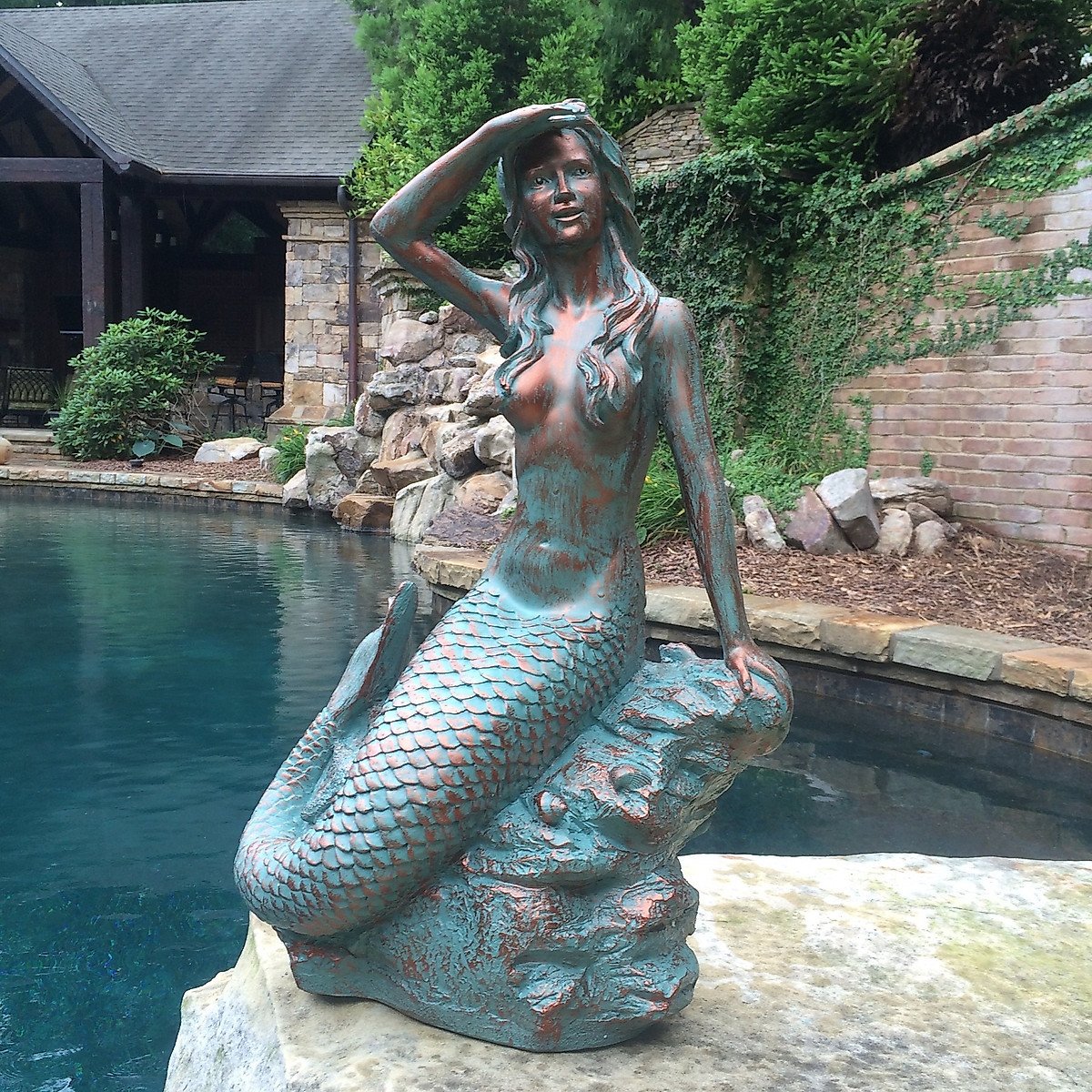 HomeStyles Large Classic Beach Mermaid on Rock 99391 Bronze Patina, 32" H