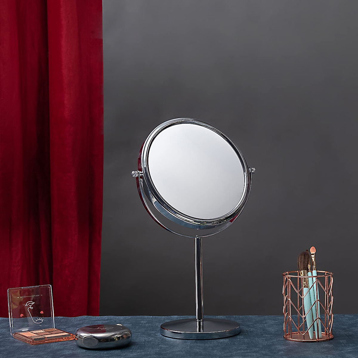 Tabletop Makeup Mirror with Magnification 8" Double-Sided Vanity Mirror 1X/10X Magnifying Mirror with Stand,Classic Round Desktop Make Up Mirror for Bathroom Bedroom,15" Height,Bright Silver,No Light