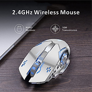 Uciefy Q85 Rechargeable Wireless Gaming Mouse, 2.4G LED Optical Silent Wireless Computer Mouse with 4 LED Light, 3 Adjustable DPI, Ergonomic Design, Auto Sleeping (Silver)