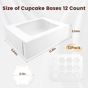 Luck.WH 12PCS Cupcake Boxes 12 Count Cupcake Container with Window White Cupcake Holder Holding 144 Cupcakes for Birthday Holiday Party Bakery Supplies(12.8"x 9.84"x 3.54")