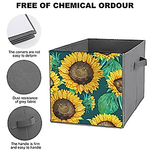 Watercolor Sunflowers Leaves Collapsible Storage Bins Cubes Organizer Trendy Fabric Storage Boxes Inserts Cube Drawers 11 Inch