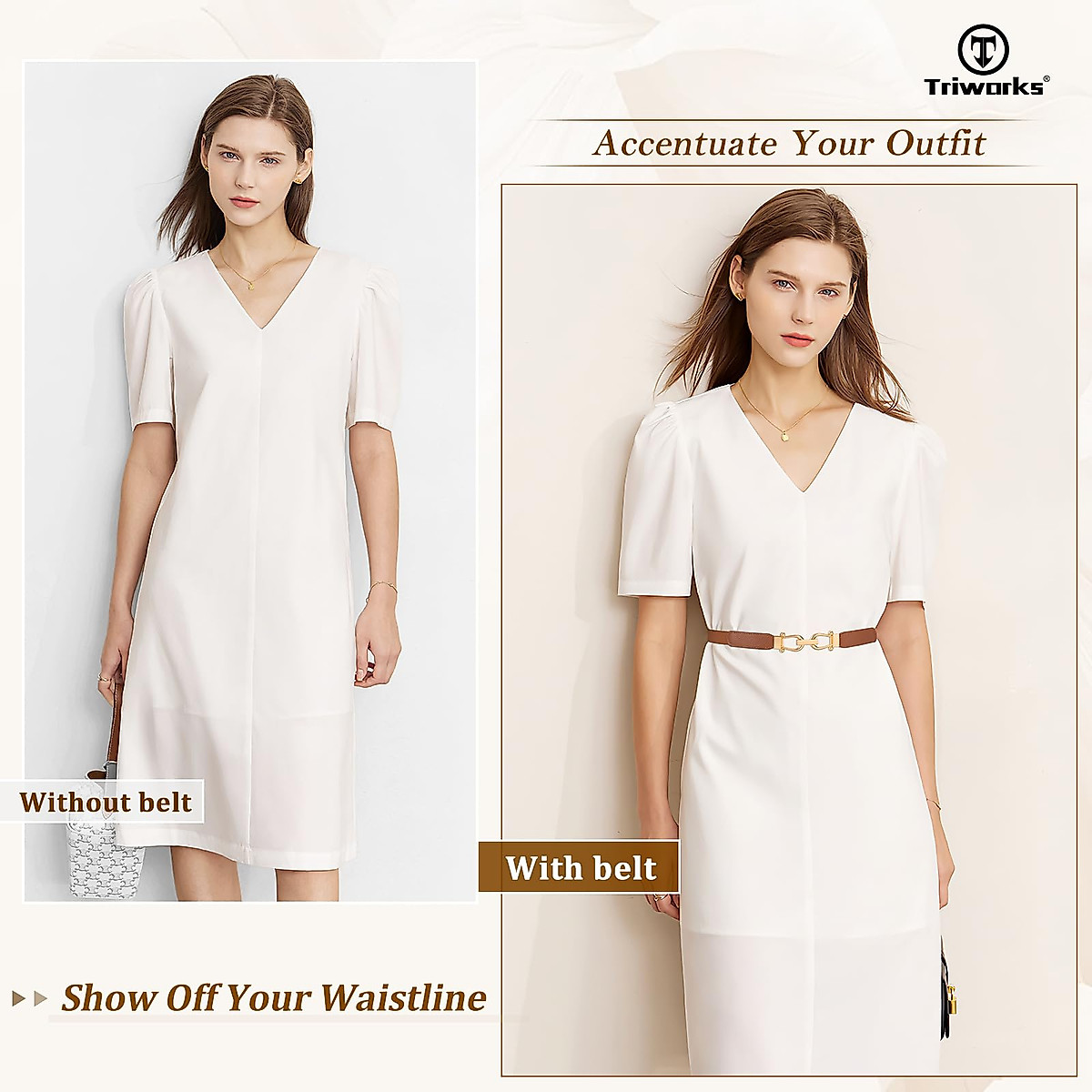 TRIWORKS 4 Pack Women's Elastic Skinny Belt Fashion Alloy Buckle Stretchy Thin Waist Belts for Dresses Black/Brown/White/Beige