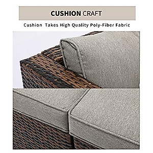 HOMPUS 6 Pieces Outdoor Furniture Set, All-Weather Patio Conversation Set Brown Handwoven Wicker w/Washable Gray Cushions, Glass Coffee Table, Modular Sectional Sofa Set for Backyard Garden Deck Pool