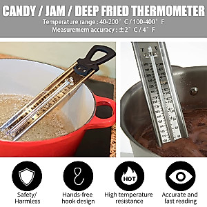 2 Pack Candy Thermometer with Pot Clip, Stainless Steel Cooking Thermomete ＆ Glass Thermometer, Jam/Sugar/Syrup/Jelly/Oil/Deep Fry Thermometer with Hanging Hook, Quick Reference Temperature Guide