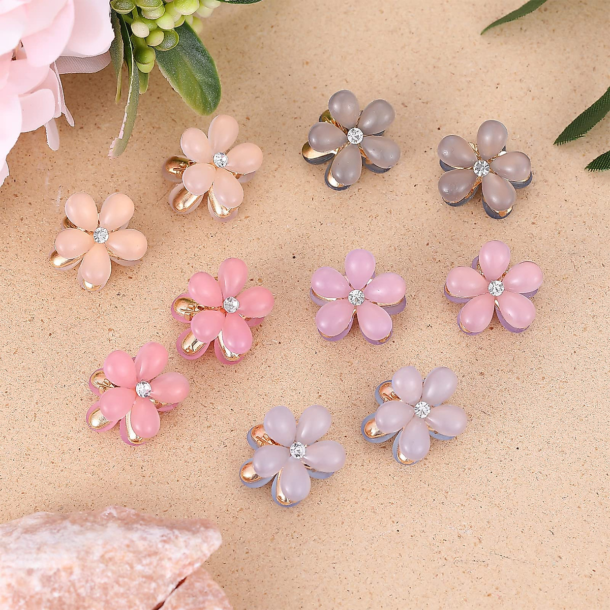 Paderison 10Pcs Flower Hair Clips for Girls Small Hair Claw Clips Mini Flower Hair Clips with Crystal Cute Metal Claw Clips Sparkling Hair Barrettes Nonslip Side Clip Hair Accessories for Women