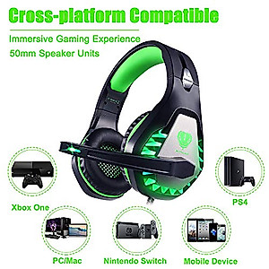 DIWUER Stereo Gaming Headset for Nintendo Switch, PS4, Xbox One with Noise Cancelling Mic, Soft Earmuffs Surround Sound Over Ear Headphones with LED Light for PC (Green)