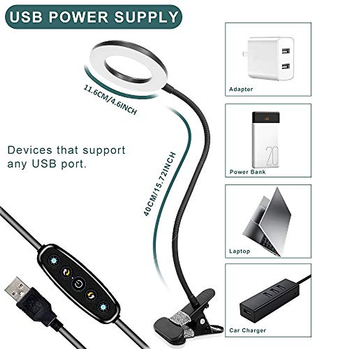 Cyezcor Clip on Light Reading Lights， 48 LED USB Book Clamp Light , with 3 Color Modes 5 Brightness ,Eye Protection Desk Lamp, 360 ° Flexible Gooseneck Bed Night Light