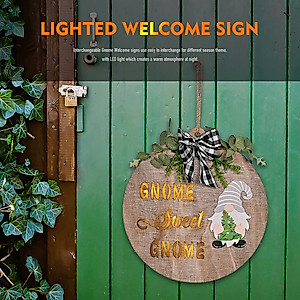 Lighted Interchangeable Gnome Welcome Door Sign, 12 inches Seasonal Front Door Gnome Sweet Gnome Home Decor Hanger, Holiday Wooden Rustic Farmhouse Wall Decor Wreaths with LED Light & 9 Season Icons
