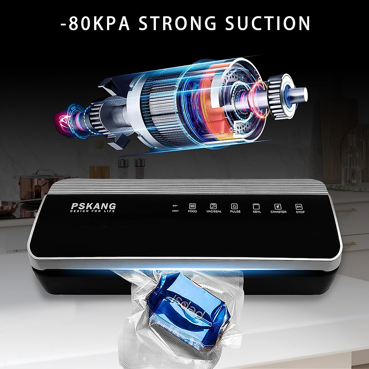 Pskang Vacuum Sealer Machine One-Touch Vacuum Sealer with Bags Rolls Storage and Cutter Automatic Air Sealing System with Vacuum Seal Bags and 1 Roll (11"x16')）