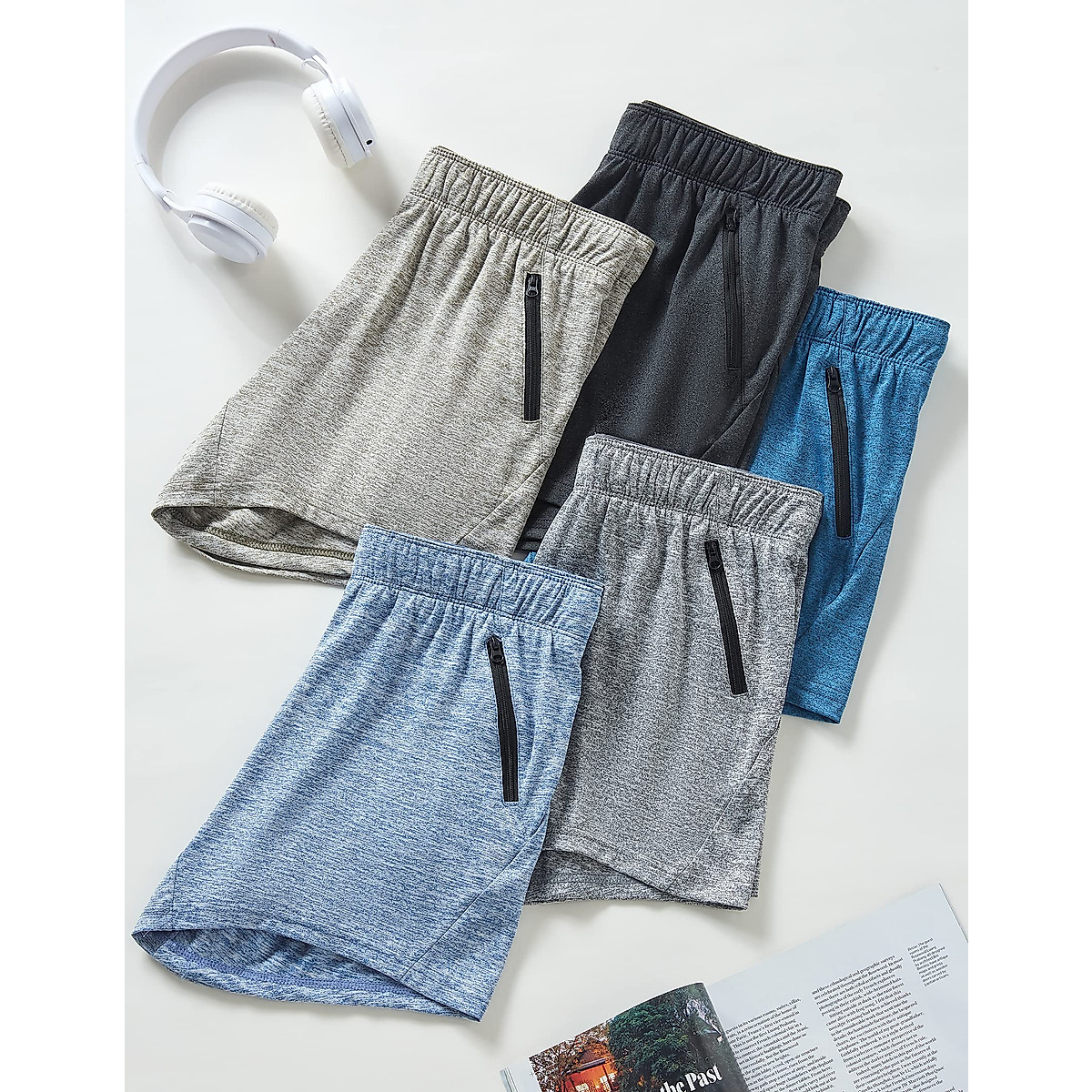 5 Pack: Womens Workout Gym Shorts Casual Lounge Set, Ladies Active Athletic Apparel with Zipper Pockets (Set 2, Large)