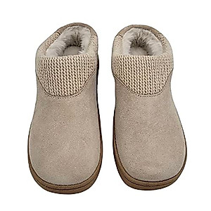 Clarks Womens Suede Slipper JMH2175 With Knit Collar - Soft Plush Faux Fur Lined - Indoor Outdoor House Slippers For Women (9 M US, Natural)