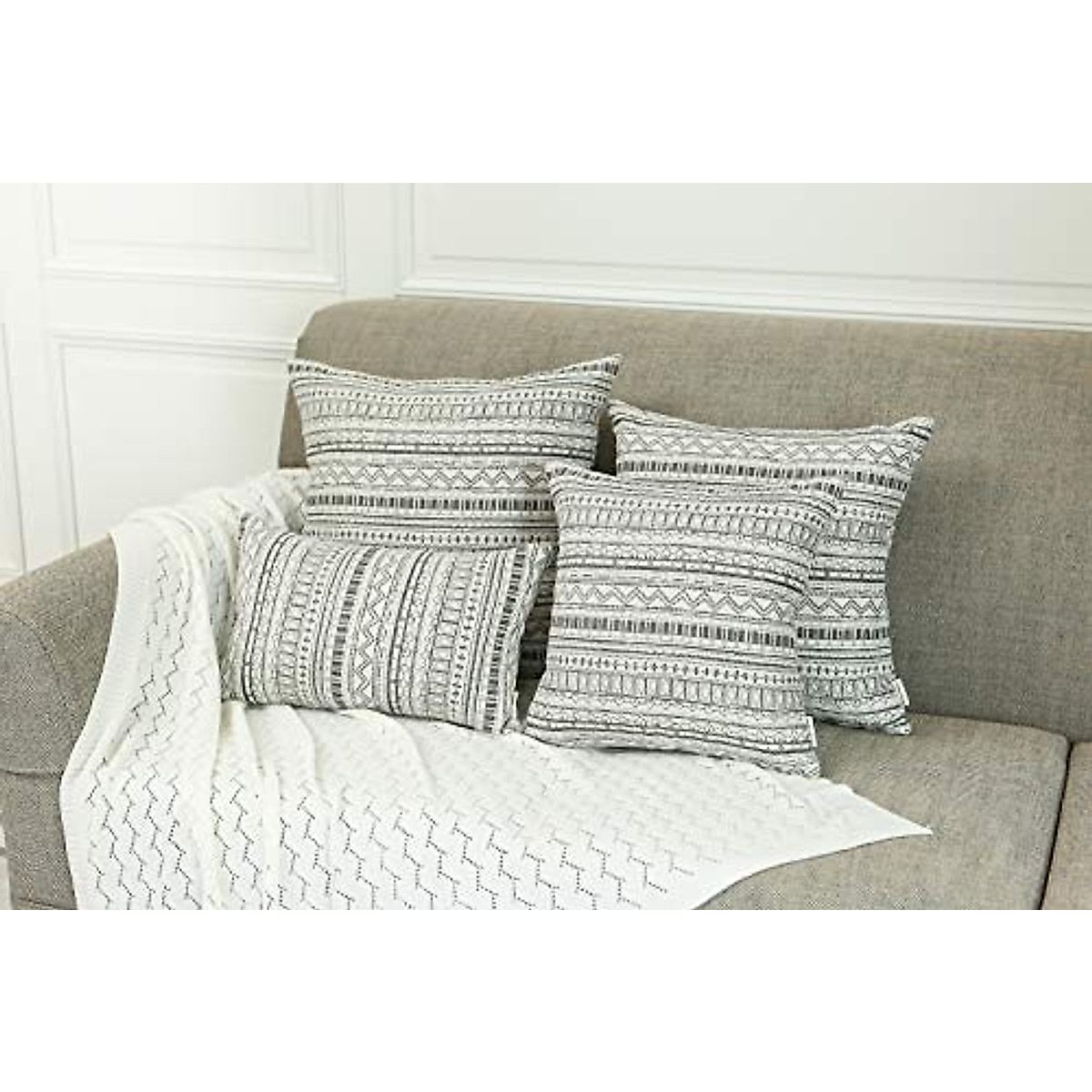 Mika Home Pack of 2 Throw Pillow Cases Decorative Pillow Covers for Home Decoration, Bohemian Striped Geometric Pattern, 22x22 Inches,Gray Cream