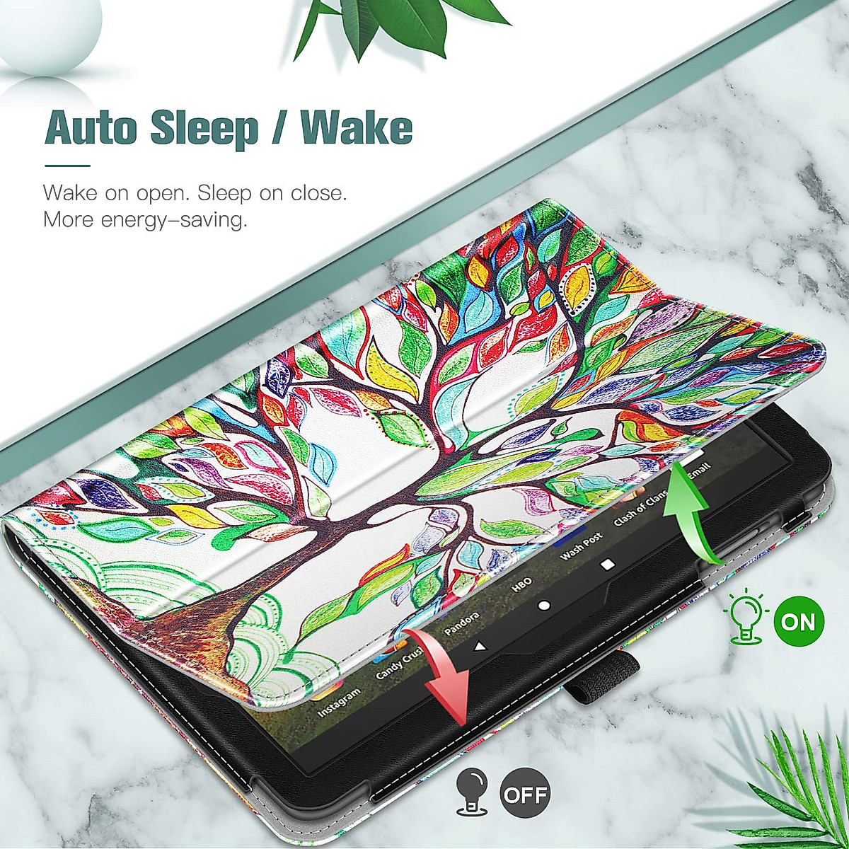 Fintie Folio Case for Amazon Kindle Fire HD 8 & Fire HD 8 Plus Tablet (12th Generation/10th Generation, 2024/2022/2020 Release)- Slim Fit Vegan Leather Stand Cover with Auto Sleep/Wake, Love Tree