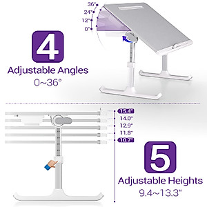 NEARPOW XXL Bed Table Desk for Laptop and Writing, Adjustable Computer Tray Laptop Stand for Bed or Sofa with Anti-slip Leather, Removable Stopper, Book Stand and Drawer - Gray