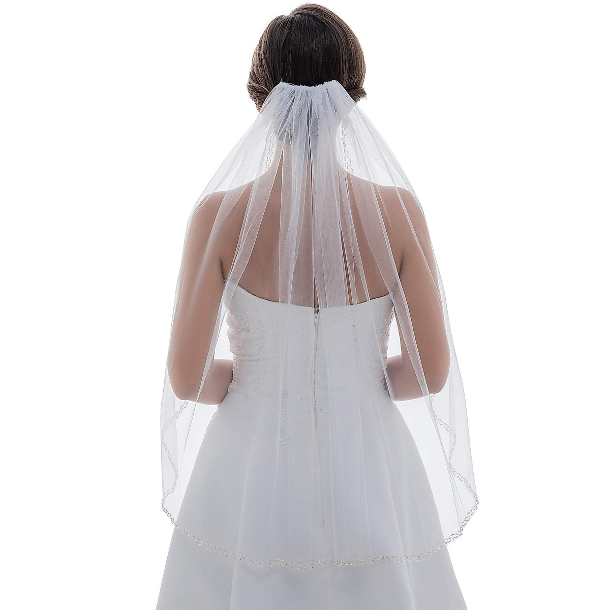 SAMKY 1T 1 Tier Double Row Alternating Crystal Beaded Veil - White Fingertip 36" V492