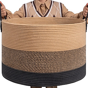 INDRESSME XXXLarge Woven Rope Basket 21" x 14" Blanket Storage Basket with Long Handles Decorative Clothes Hamper Basket Extra Large Baskets for Blankets Pillows