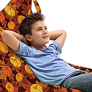 Lunarable Pumpkin Lounger Chair Bag, Autumn Illustration with Maple Leaves Squash Plants Warm Colored Pattern, High Capacity Storage with Handle Container, Lounger Size, Orange Brown Yellow