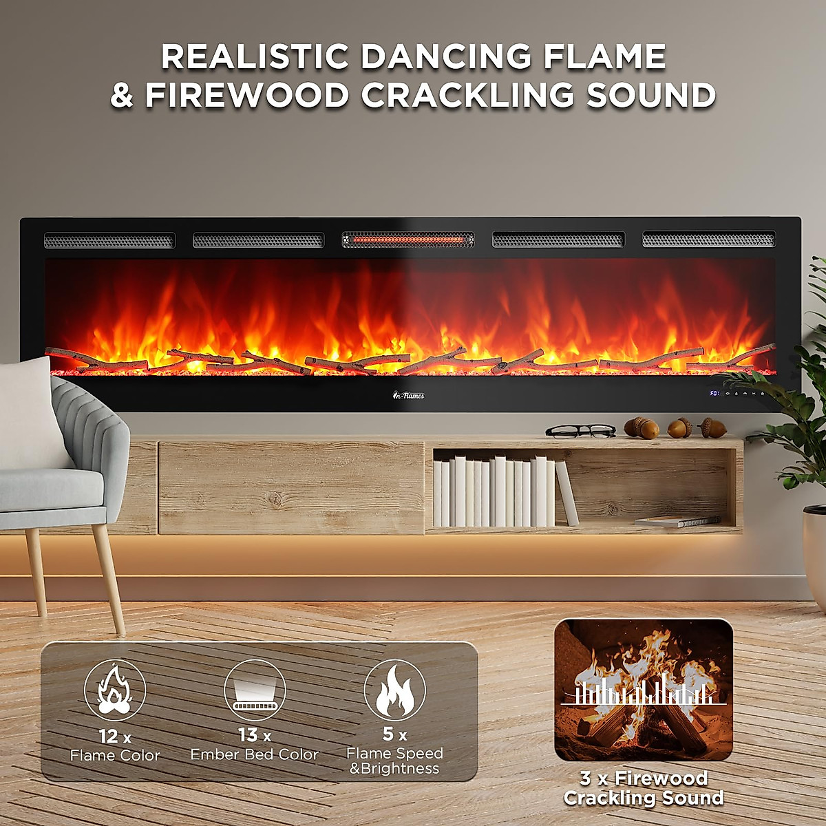 TURBRO 72” Smart WiFi Infrared Electric Fireplace with Sound Crackling and Realistic Flame, 1500W Quartz Heater, Recessed or Wall Mounted, Adjustable Flame Effects, Remote Control and App, in Flames