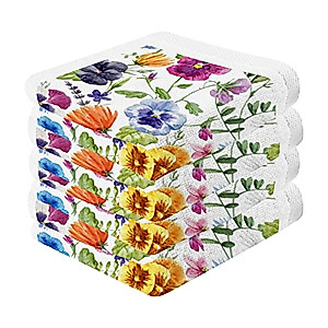 Kigai 100% Cotton Wash Cloths Set of 4 Packs - Pansy Flowers Extra Absorbent Kitchen Dish Cloths - 12 x 12 Inches Reusable Soft Feel Towels for Face