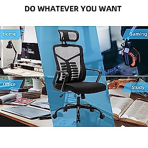EnjoySeating Office Chair, Adjustable Desk Chair, Rebound Seat Cushion, 2D Big Curved Headrest, Breathable Mesh High Back, Comfortable Lumbar Support, Rocking Relaxation Function, Black