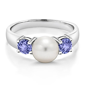 Gem Stone King 925 Sterling Silver Freshwater Pearl and Blue Tanzanite Ring For Women (0.76 Cttw, Gemstone December Birthstone, Size 7)