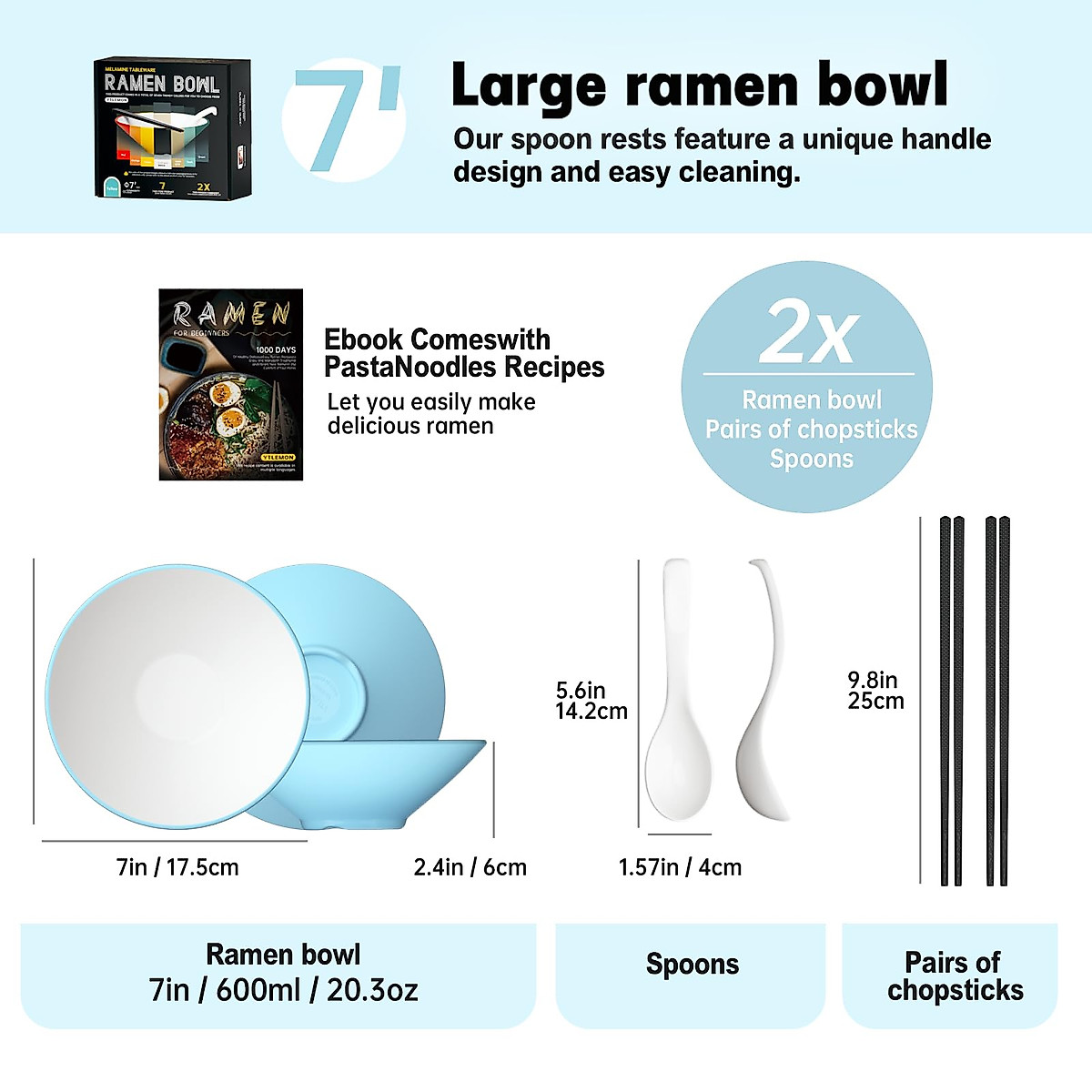 Ramen Bowls Set of Plastic,2 Sets of 20oz Double-sided Color Matching Serving Bowls With Chopsticks and Spoons for Salad Cereal,Essential Dinnerware for New Apartments Suitable as Housewarming Gifts