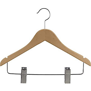 Wooden Junior Combo Hanger with Adjustable Cushion Clips, Box of 24 Flat 14 inch Hangers with Natural Finish, Notches and Chrome Swivel Hook by The Great American Hanger Company