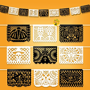 HOWAF 2 Pcs Plastic Papel Picado Day of The Dead Skull Bunting Banner Mexican Fiesta Banners Halloween Dia De Los Muertos Black White Skull Bunting Banner for Cinco De Mayo Decorations