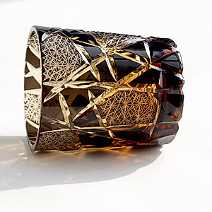 N/C JINZHI Edo Kiriko Old Fashioned Glasses Japanese Style Crystal Amber 8 OZ Black Diamond Cut Glass Cup Tumbler for Vodka Cocktail Whiskey