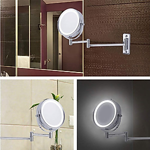 SUuim Bathroom Mirrors Wall Mounted Makeup with LED Lights Double Side Extending Folding Round 6 Inch 5X Magnification