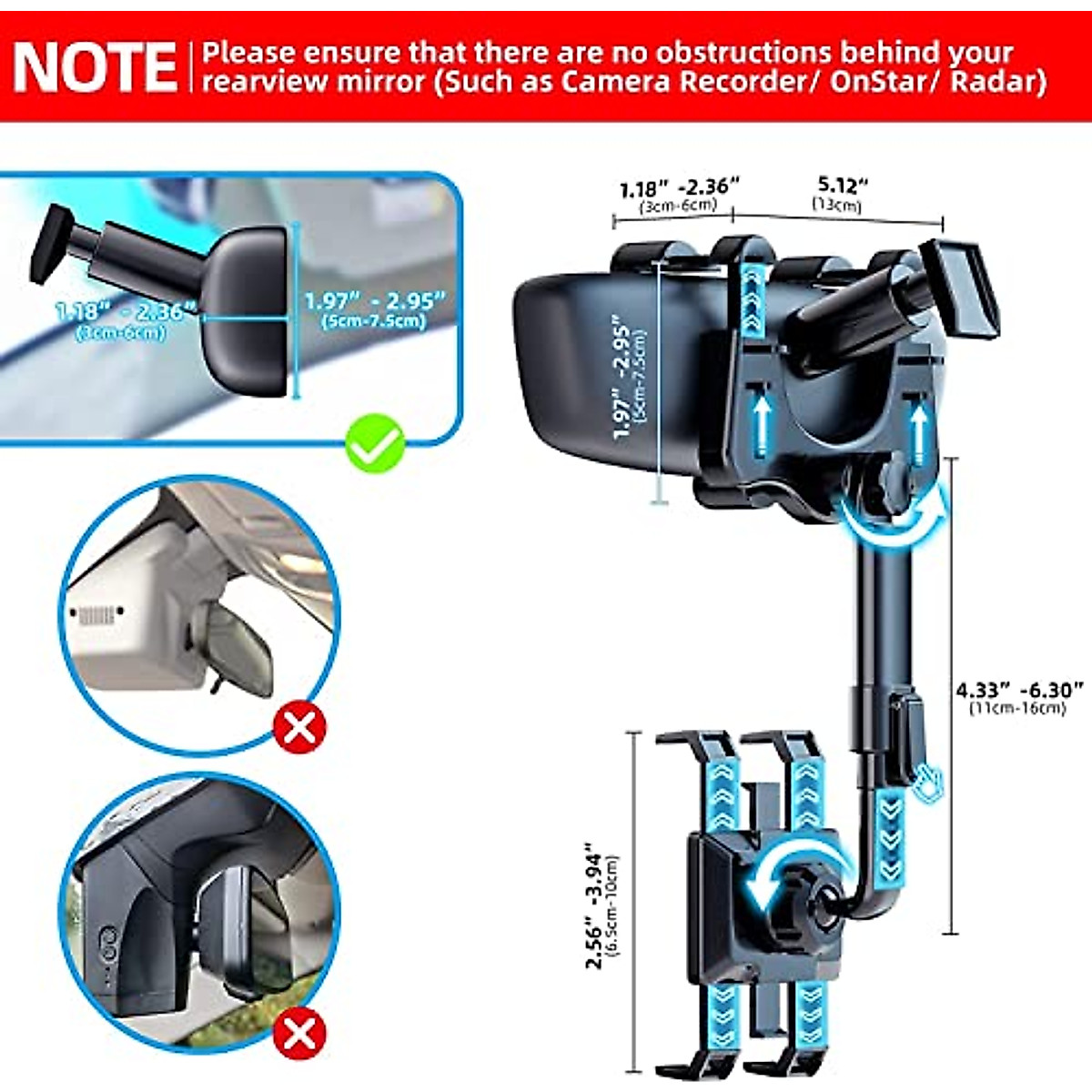 QIXIU 2022 Phone Holder for Car, Rear View Mirror Car Phone Holder Mount,Universal Multifunctional Adjustable Rotatable and Retractable Universal Car Phone Holder for All Smartphones