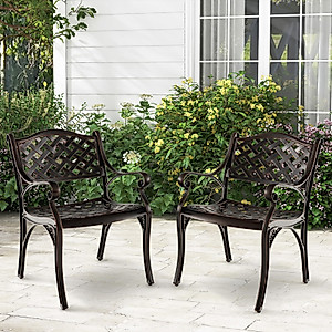 Giantex Cast Aluminum Patio Chairs Set of 2, All Weather Outdoor Dining Chairs w/Armrests and Curved Seats, Heavy Duty Metal Bistro Chairs for Porch, Garden, Poolside, Backyard, Bronze (Classic, 1)