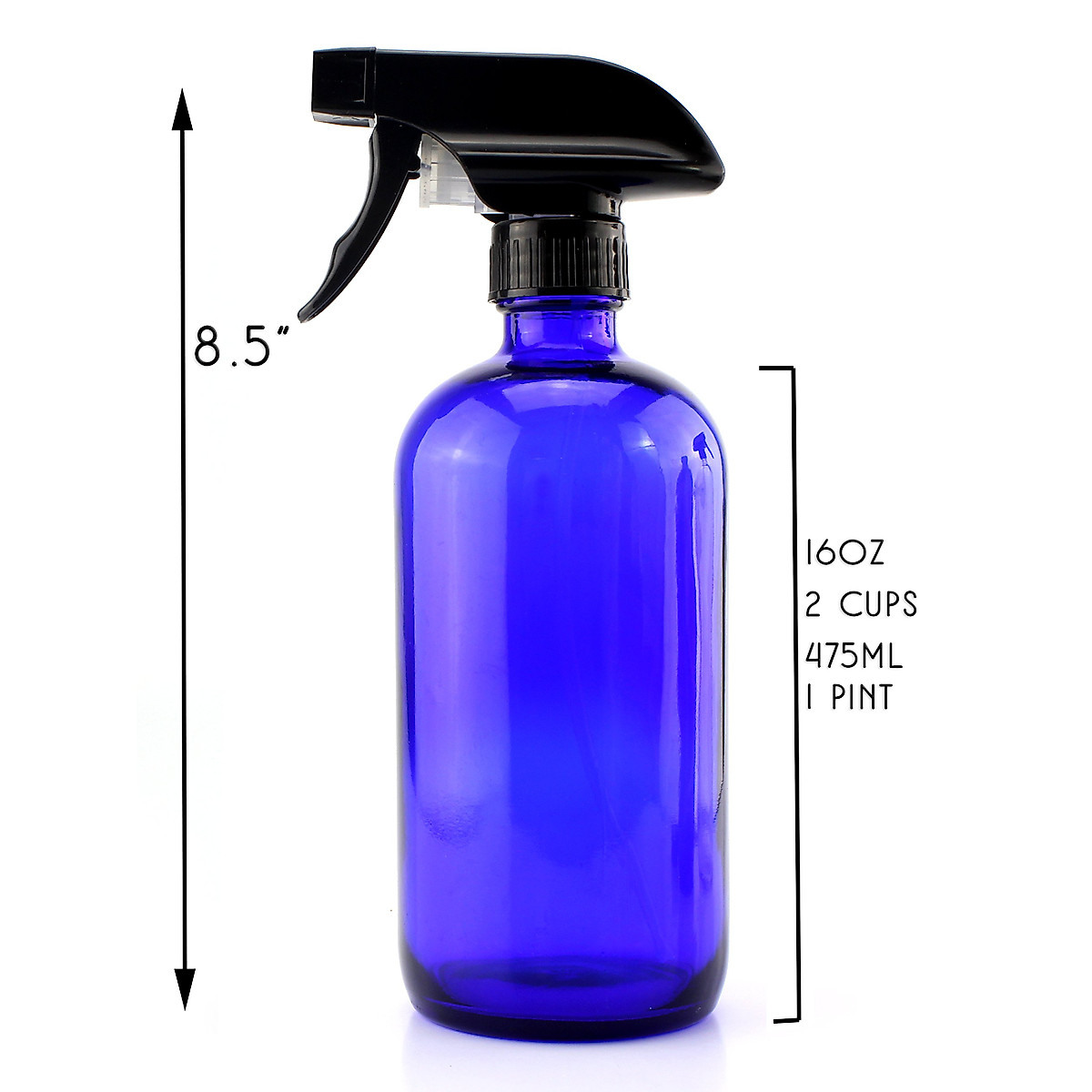 16oz Glass Bottles w/Heavy Duty Sprayers - Three Pack Bundle (1 Cobalt Blue, 1 Amber, 1 Clear); Boston Round; 3-Setting Spray Tops + Black Lids