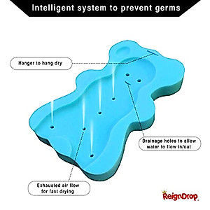 ReignDrop Baby Bath Sponge Mat for Tub – Safe Fun Sponge Bath Mat, Toys for Newborns – Toddler Bathing Cushion Insert with Inbuilt Drying Hanger – Bath Time Rest and Support for Sink (Small Bear)
