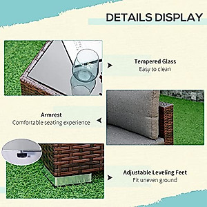 Outsunny 4-Piece Patio Furniture Sets Outdoor Wicker Conversation Set PE Rattan Sectional Sofa Set with Tempered Glass Coffee Table and Cushions for Backyard and Garden, Brown