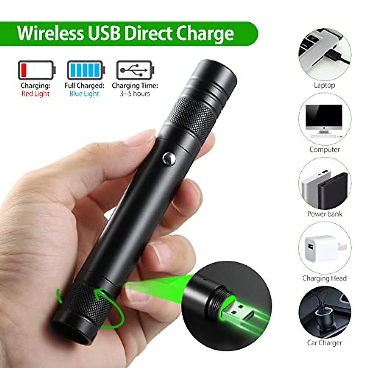 Green Laser Pointer High Power Rechargeable Lazer Pointer, Laser Pen with Long Range Adjustable Focus with Star Cap, Laser Pointer Pen Suitable for Outdoor, Astronomy, Cats Dogs