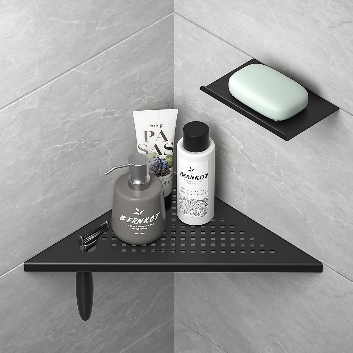 Bernkot 10'' Corner Shower Shelf w/Soap Holder, 304 Stainless Steel Grout in Shelf for Bathroom, Recessed Shelf Rack for Tiled Wall, No Drilling Needed (Black)