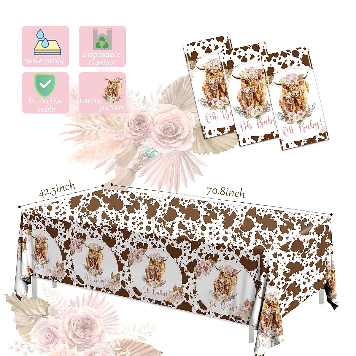 HAKOTI 3Pack Holy Cow Tablecloth,Cow Baby Shower Decorations Brown Cow Print Rectangular Plastic Table Cover for Birthday Party Supplies,Farm Animal Themed Party Decorations