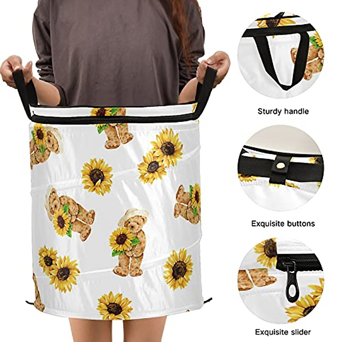 Bears Sunflowers Pop Up Laundry Hamper With Lid Foldable Laundry Basket With Handles Collapsible Storage Basket Clothes Organizer for Travel Picnic Camp