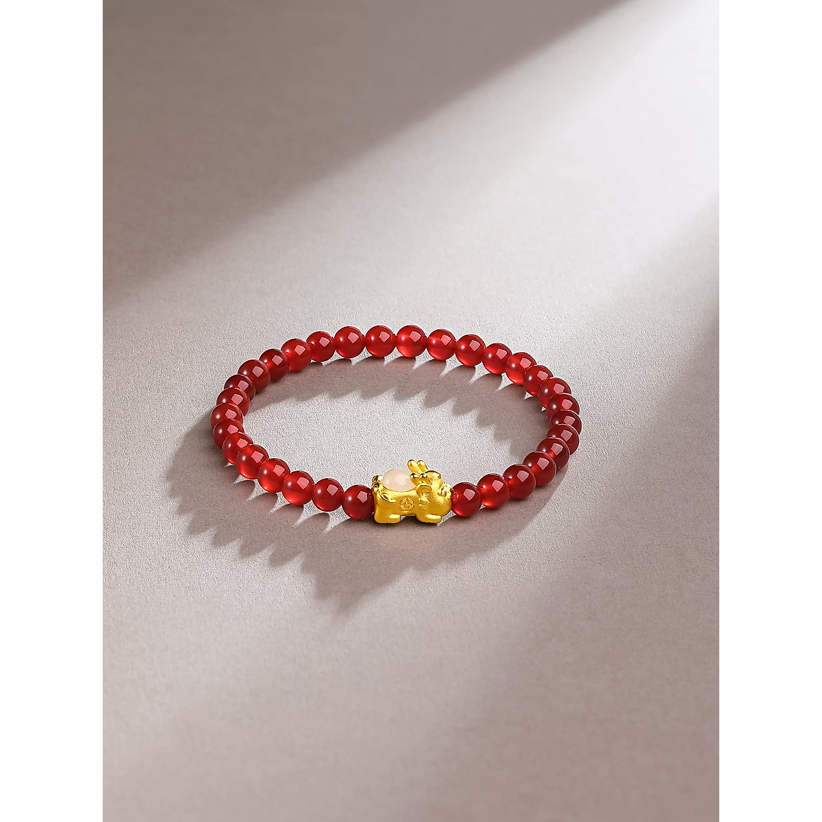 ZHOU LIU FU 24K Solid Gold Bracelets for Women, Real Pure Gold Pixiu Bracelet, Adjustable Red Agate Bead Bracelets with White or Green Nephrite Jade for Men Teen Girls