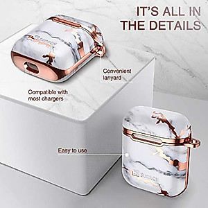SURITCH Compatible with AirPods Case, [Front LED Visible] Cute Marble Full Body Protection Slim Shockproof Rugged Protective Case Cover with Lanyard for AirPods 1st/2nd (White Marble)