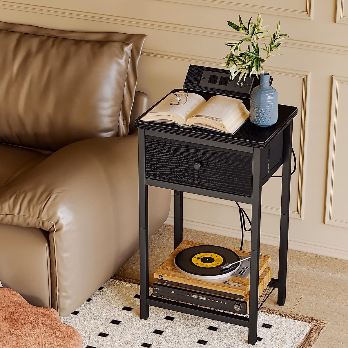 Fixwal Black Nightstands Set of 2 with Charging Station, Night Stand End Table with USB Ports & Outlets, Bedside Table with Fabric Drawer for Room, Bedroom