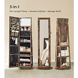 SONGMICS 360° Swivel Jewelry Cabinet, Lockable Jewelry Organizer with Full-Length Mirror, Rear Storage Shelves, Built-in Small Mirror, Jewelry Armoire, for Women, Rustic Brown UJJC006X01